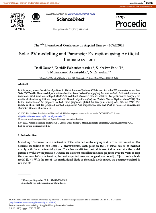 (PDF) Solar PV Modelling and Parameter Extraction Using Artificial Immune System