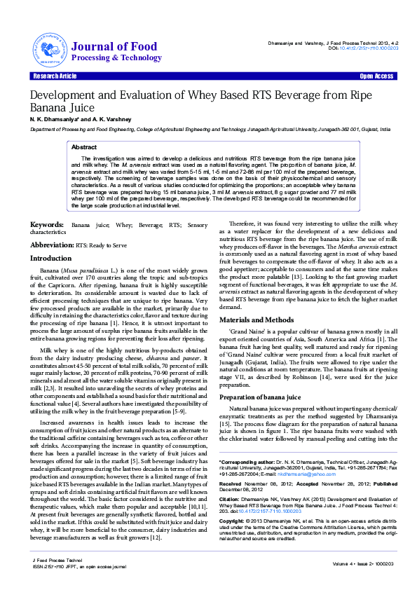 (PDF) Development and Evaluation of Whey Based RTS Beverage from Ripe ...