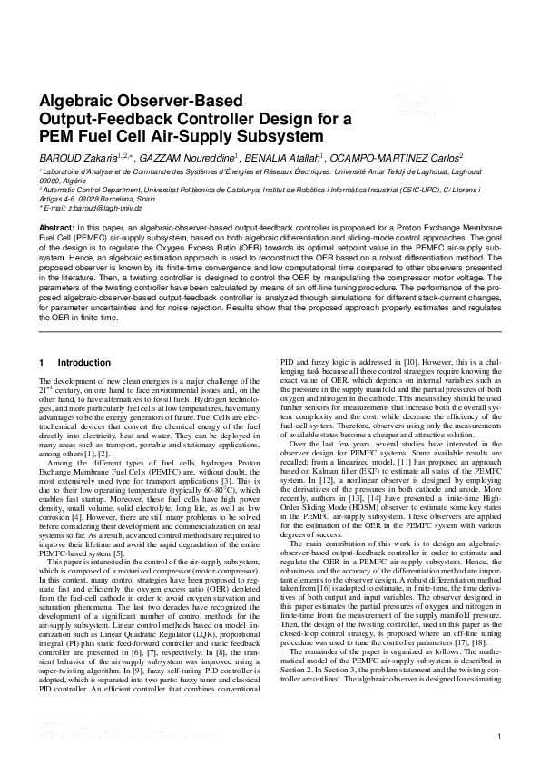 Pdf Algebraic Observer‐based Output‐feedback Controller Design For A Pem Fuel Cell Air‐supply