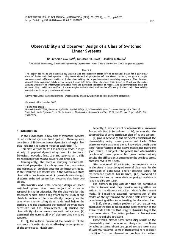 (PDF) Observability and Observer Design of a Class of Switched Linear Systems