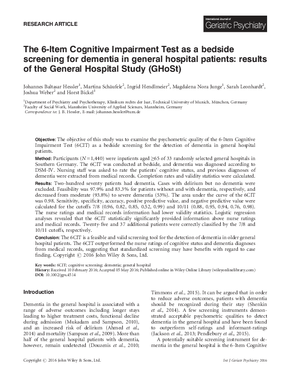 (PDF) The 6-Item Cognitive Impairment Test as a bedside screening for ...