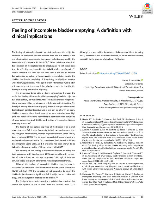 (PDF) Feeling of incomplete bladder emptying: A definition with ...