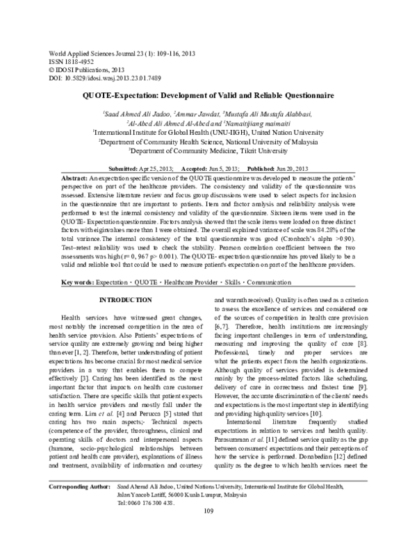 (PDF) QUOTE-Expectation: Development of Valid and Reliable Questionnaire