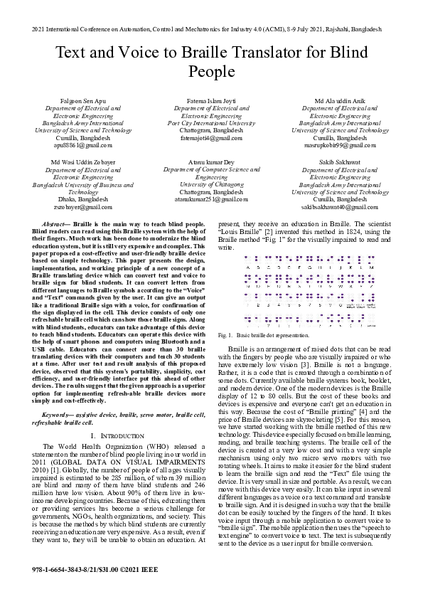 (PDF) Text and Voice to Braille Translator for Blind People