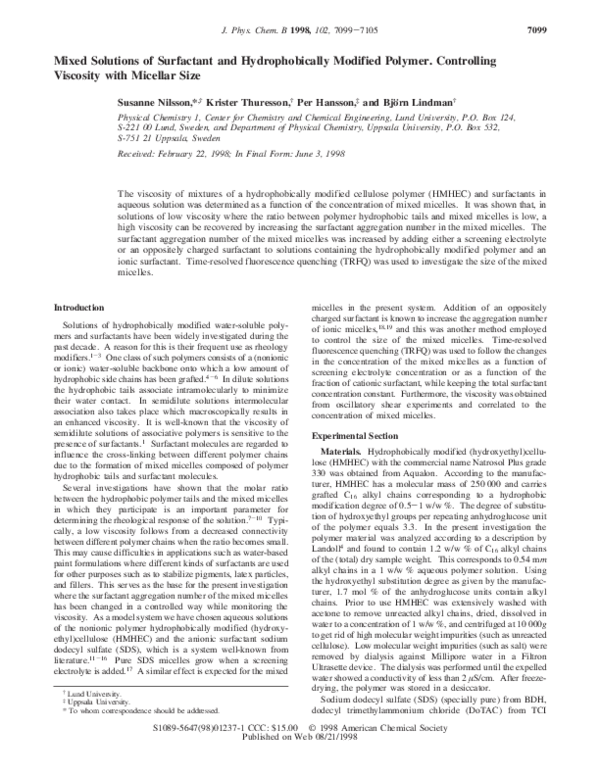 (PDF) Mixed Solutions of Surfactant and Hydrophobically Modified ...