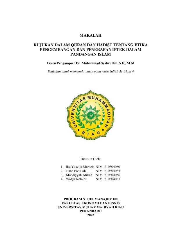 (PDF) RUJUKAN DALAM QURAN DAN HADIST TENTANG ETIKA PENGEMBANGAN DAN PENERAPAN IPTEK DALAM ...