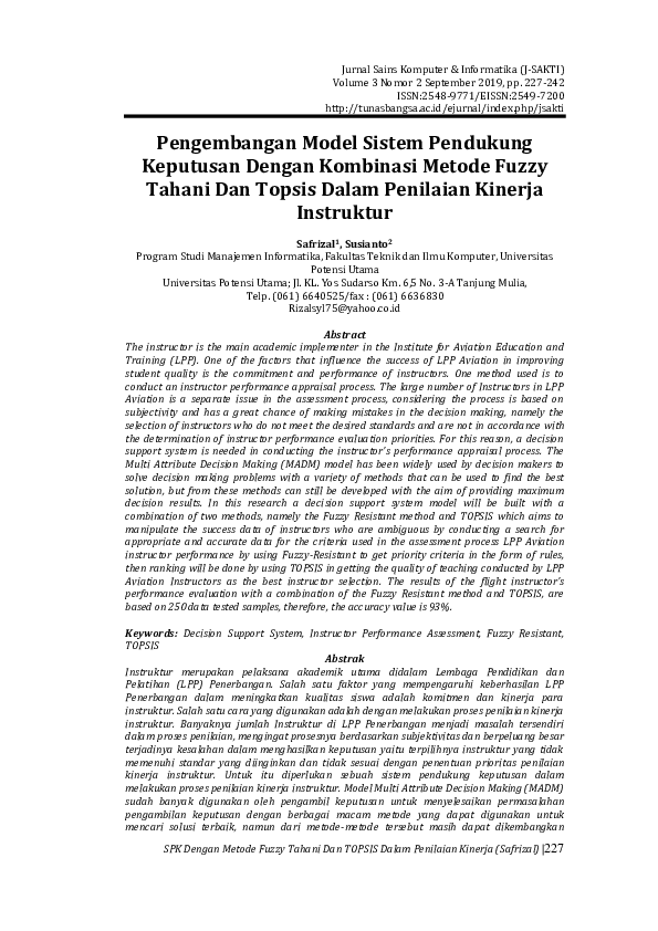 Pdf Pengembangan Model Sistem Pendukung Keputusan Dengan Kombinasi Metode Fuzzy Tahani Dan 