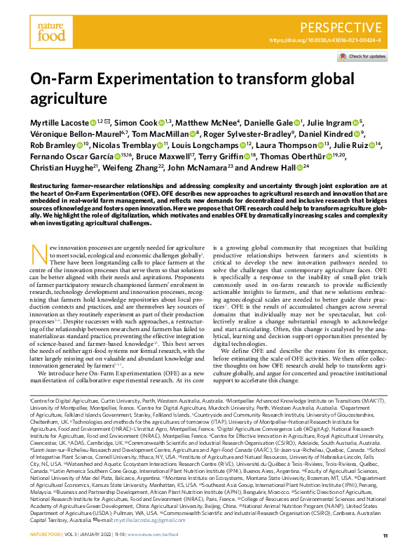 (PDF) On-Farm Experimentation to transform global agriculture