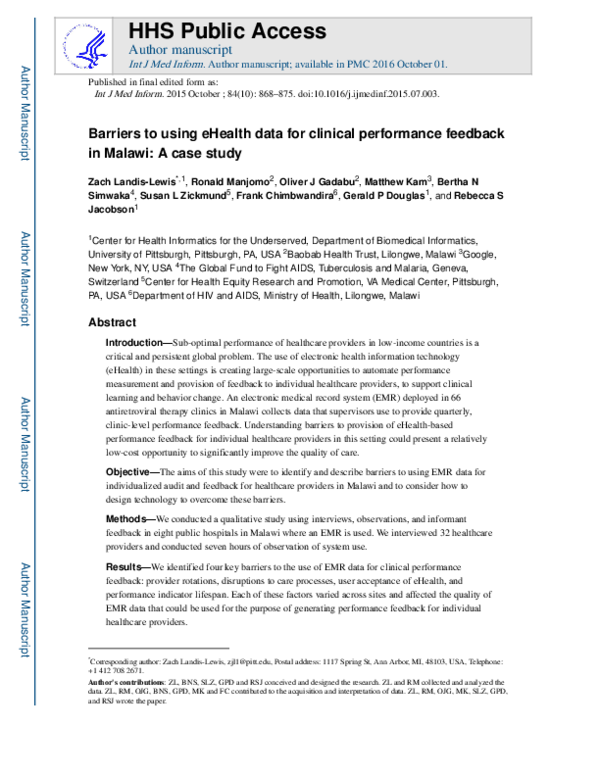 (PDF) Barriers to using eHealth data for clinical performance feedback in Malawi: A case study