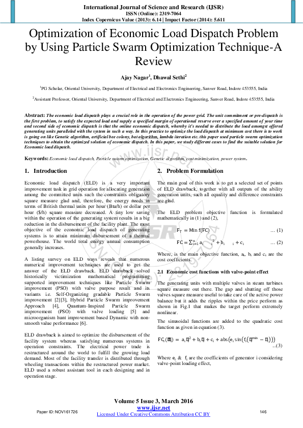 Pdf Optimization Of Economic Load Dispatch Problem By Using Particle