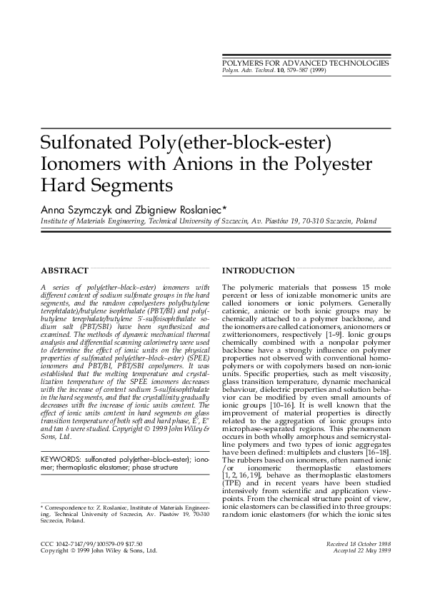 (PDF) Sulfonated poly(ether-block-ester) ionomers with anions in the ...