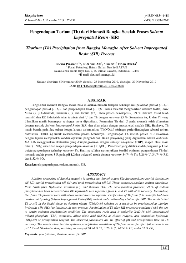 (PDF) Pengendapan Torium (Th) dari Monasit Bangka Setelah Proses ...