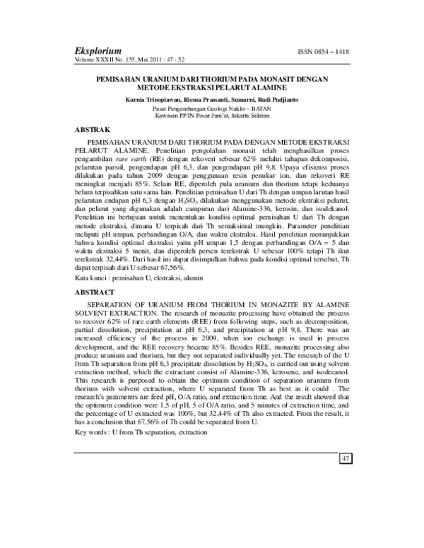 (PDF) Eksplorium PEMISAHAN URANIUM DARI THORIUM PADA MONASIT DENGAN ...