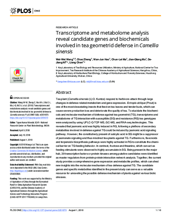 (PDF) Transcriptome and metabolome analysis reveal candidate genes and biochemicals involved in ...