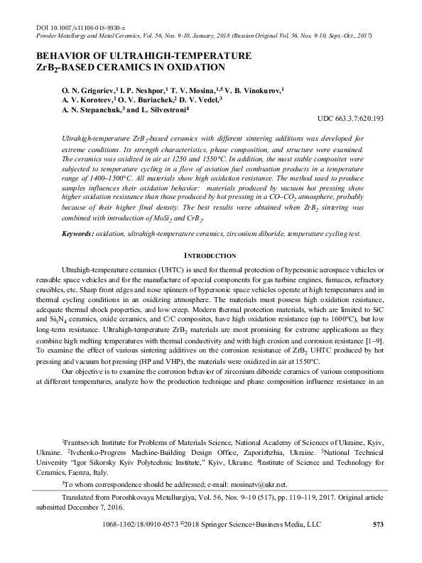 (PDF) Behavior of Ultrahigh-Temperature ZrB2-Based Ceramics in ...