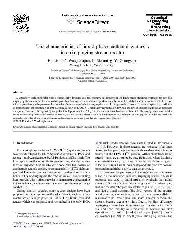 (PDF) The characteristics of liquid-phase methanol synthesis in an ...