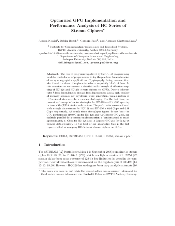 Pdf Optimized Gpu Implementation And Performance Analysis Of Hc