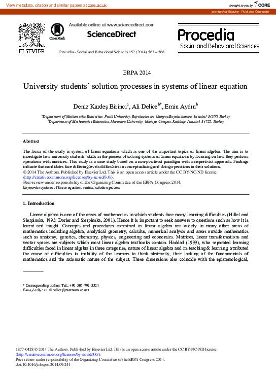(PDF) University Students’ Solution Processes in Systems of Linear Equation