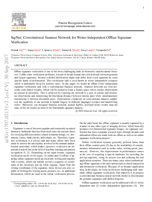Pdf Signet Convolutional Siamese Network For Writer Independent