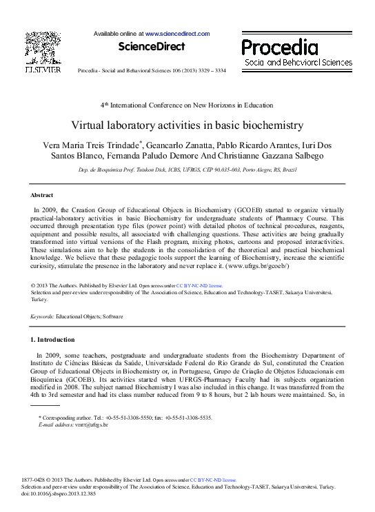 (PDF) Virtual Laboratory Activities in Basic Biochemistry