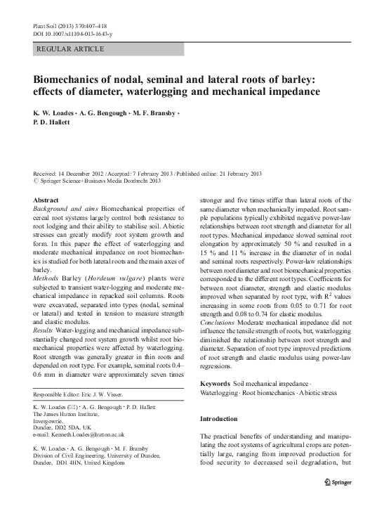 (PDF) Biomechanics of nodal, seminal and lateral roots of barley ...