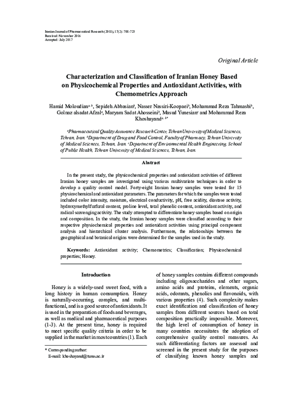 (PDF) Characterization and Classification of Iranian Honey Based on Physicochemical Properties ...