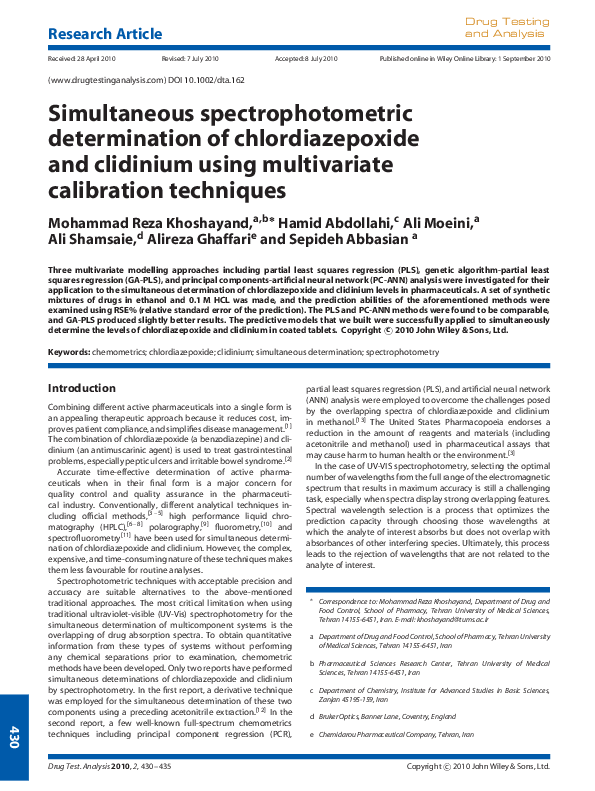 Pdf Simultaneous Spectrophotometric Determination Of Chlordiazepoxide And Clidinium Using