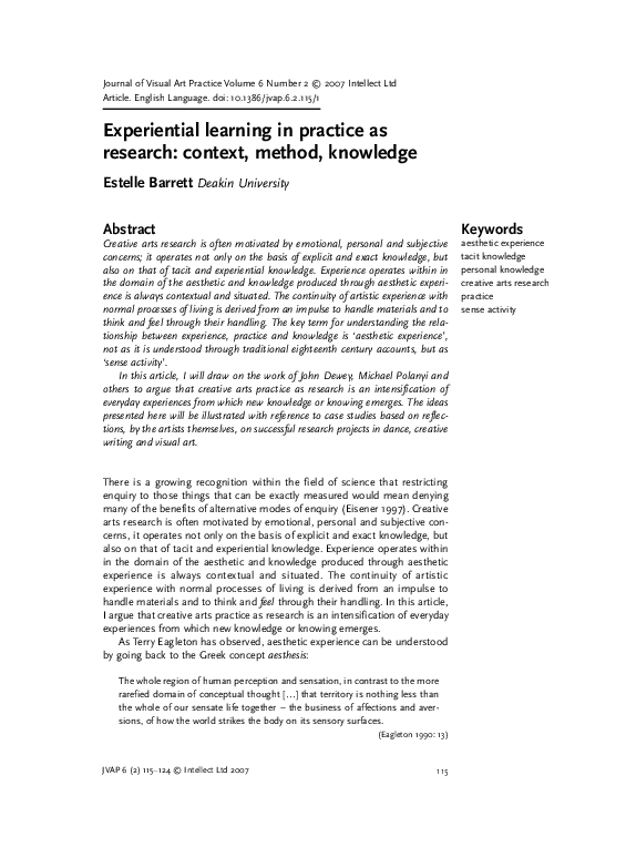 (PDF) Experiential learning in practice as research: context, method, knowledge