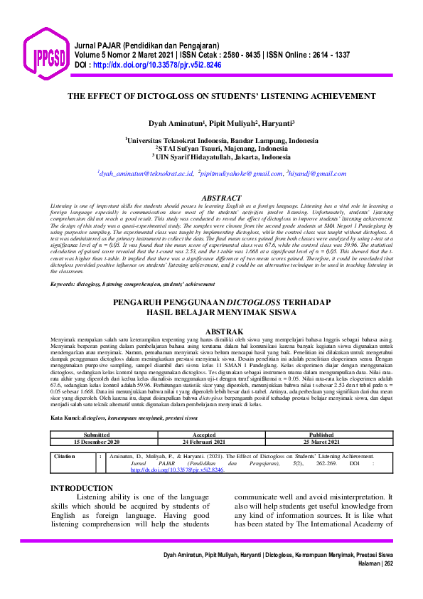 (PDF) The Effect of Using Dictogloss on Students’ Listening ...