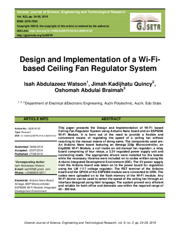 (PDF) Design and Implementation of a Wi-Fi- based Ceiling Fan Regulator System