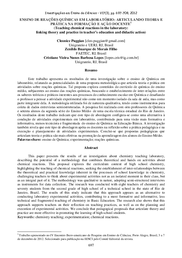 (PDF) Ensino De Reações Químicas Em Laboratório: Articulando Teoria e ...