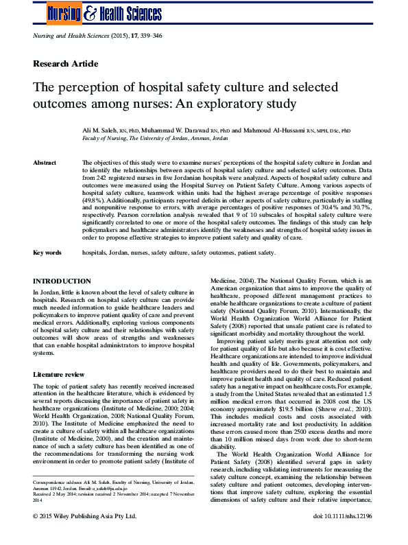 (PDF) The perception of hospital safety culture and selected outcomes ...