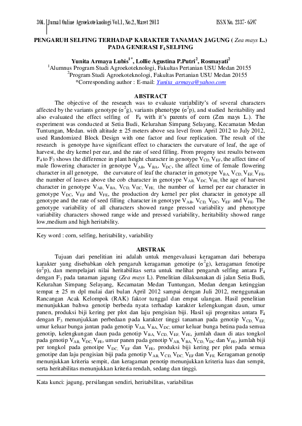 (PDF) PENGARUH SELFING TERHADAP KARAKTER TANAMAN JAGUNG ( Zea mays L ...