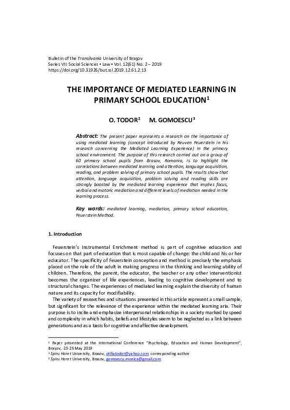 (PDF) The Importance of Mediated Learning in Primary School Education