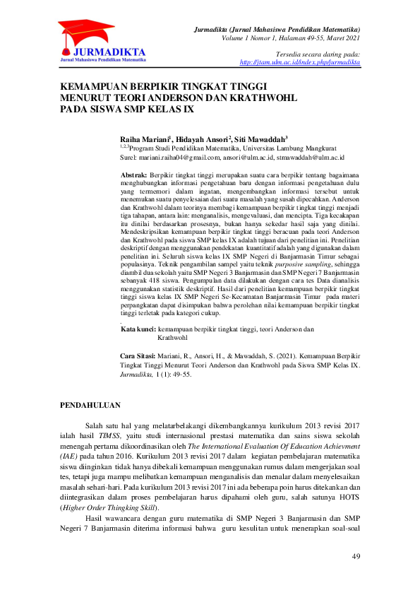 (PDF) Kemampuan Berpikir Tingkat Tinggi Menurut Teori Anderson Dan ...