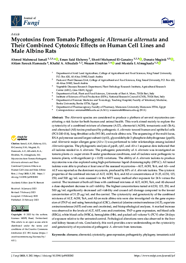 (PDF) Mycotoxins from Tomato Pathogenic Alternaria alternata and Their Combined Cytotoxic ...
