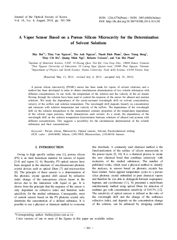 (PDF) A Vapor Sensor Based on a Porous Silicon Microcavity for the ...