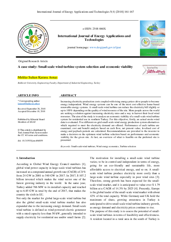 (PDF) A case study: Small scale wind turbine system selection and ...