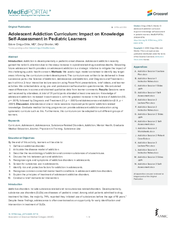 (PDF) Adolescent Addiction Curriculum: Impact on Knowledge Self ...
