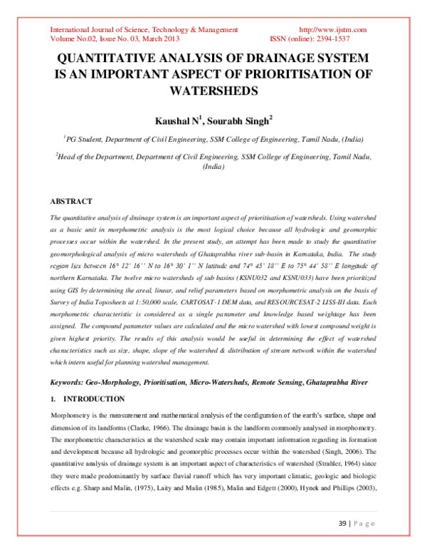 (PDF) Quantitative Analysis of Drainage System is an Important Aspect of Prioritisation of ...
