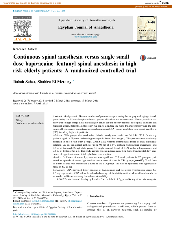 (PDF) Continuous spinal anesthesia versus single small dose bupivacaine–fentanyl spinal ...