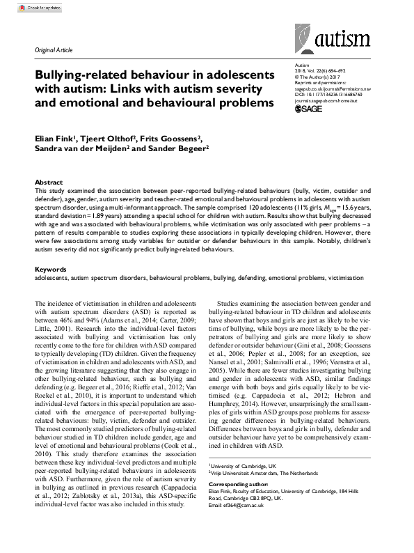 (PDF) Bullying-related behaviour in adolescents with autism: Links with autism severity and ...