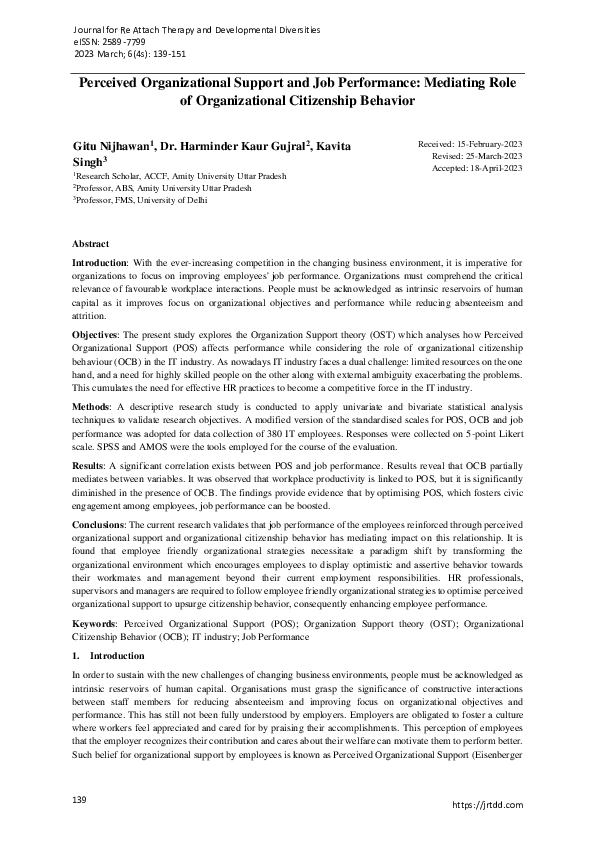 (PDF) Perceived Organizational Support and Job Performance: Mediating Role of Organizational ...