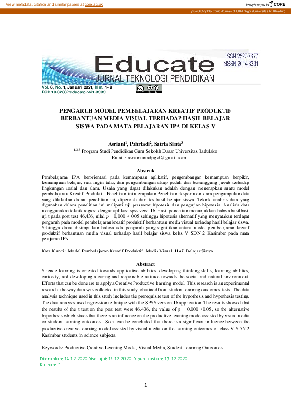 (PDF) Pengaruh Model Pembelajaran Kreatif Produktif Berbantuan Media Visual Terhadap Hasil ...