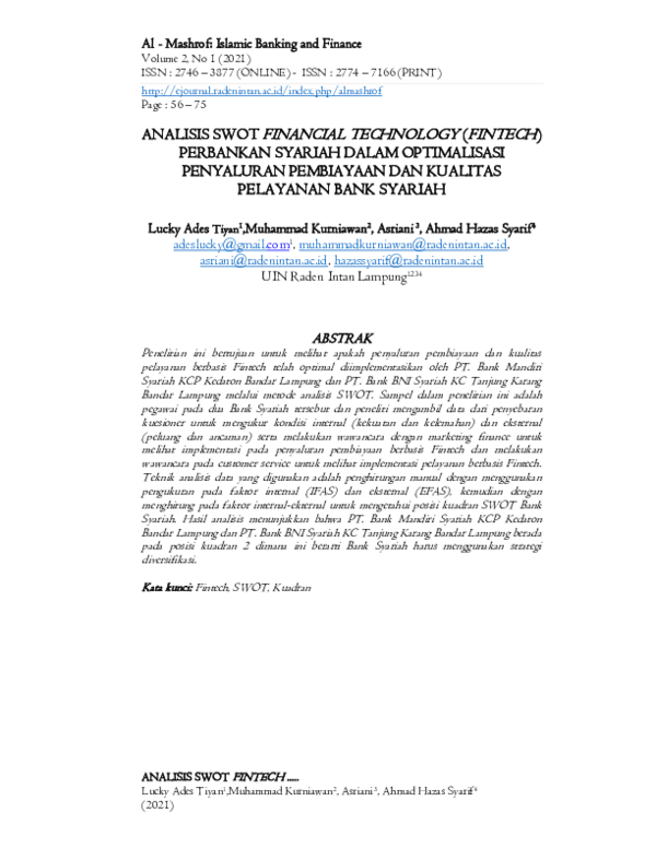 (PDF) Analisis Swot Financial Technology (Fintech) Perbankan Syariah Dalam Optimalisasi ...