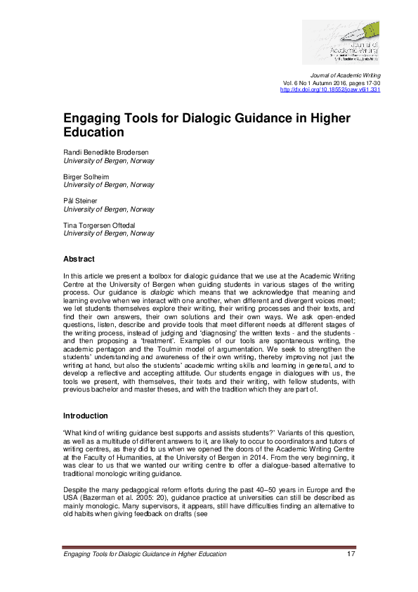 (PDF) Engaging Tools for Dialogic Guidance in Higher Education
