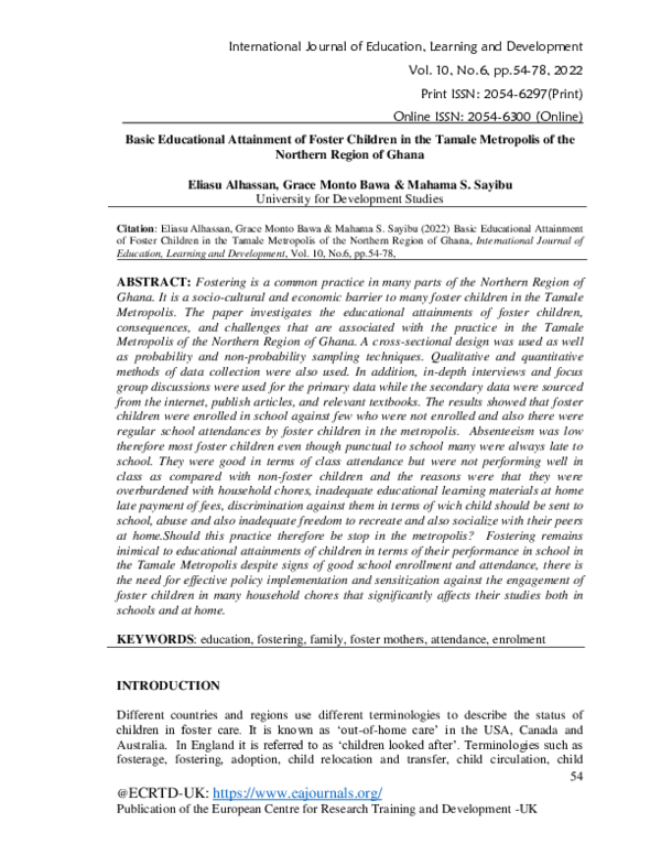 (PDF) Basic Educational Attainment of Foster Children in the Tamale ...