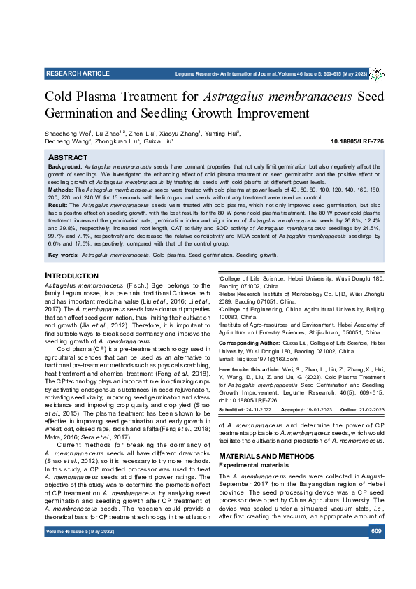 (PDF) Cold Plasma Treatment for Astragalus membranaceus Seed ...