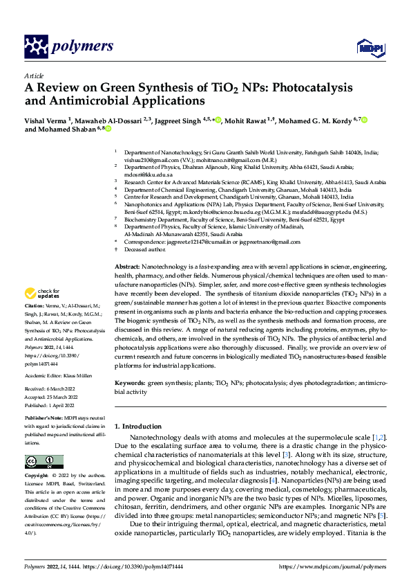 Pdf Green Synthesis Of Tio2 Nps For Photocatalysis