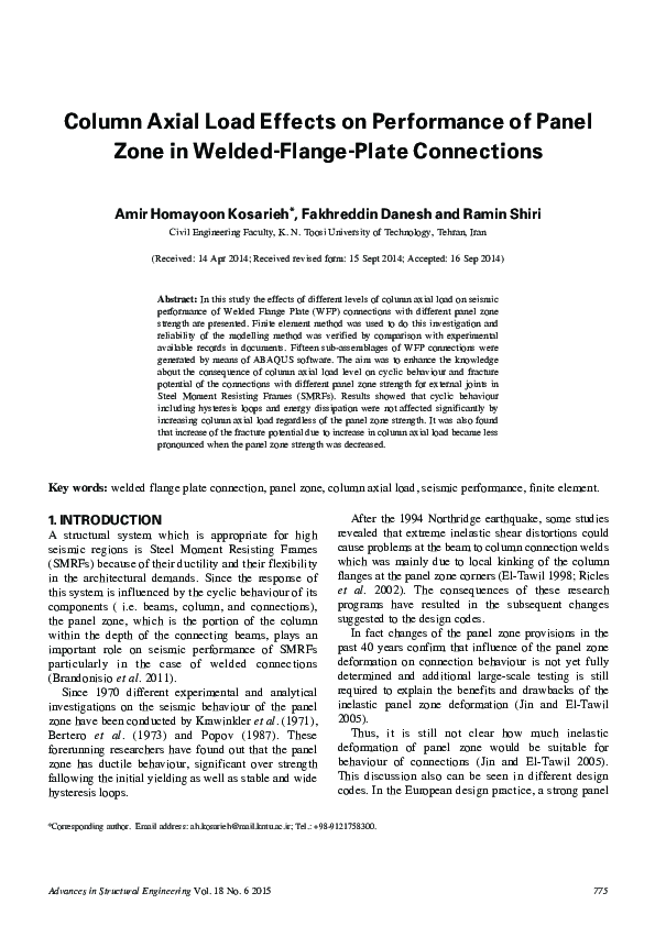 (PDF) Column Axial Load Effects on Performance of Panel Zone in Welded-Flange-Plate Connections
